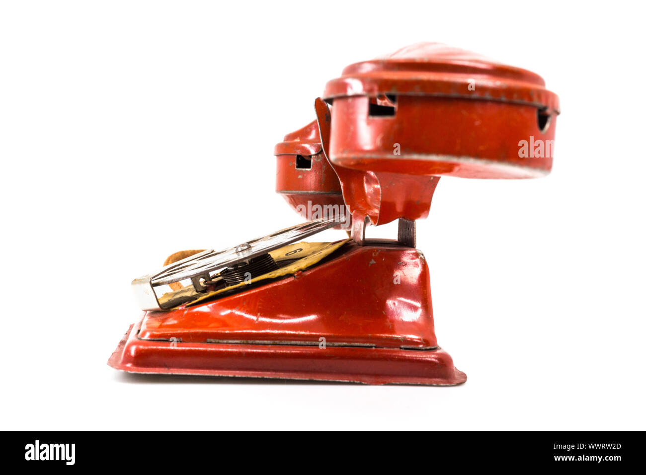 Vintage red metal toy telephone 1940s Stock Photo - Alamy