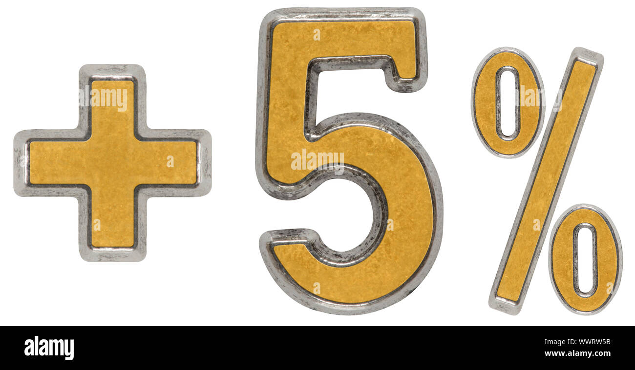 Percent benefits, plus 5 five percent, numerals isolated on white ...