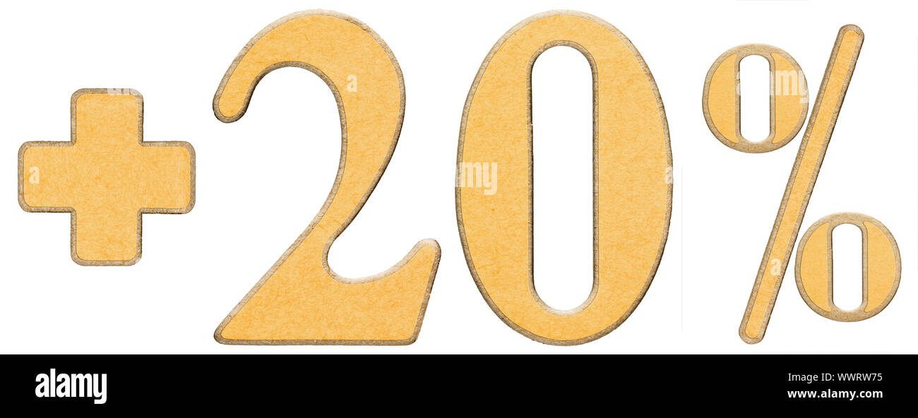 Percent benefits, plus 20 twenty percent, numerals isolated on white ...
