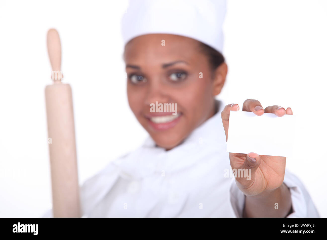 female chef holding business card Stock Photo - Alamy