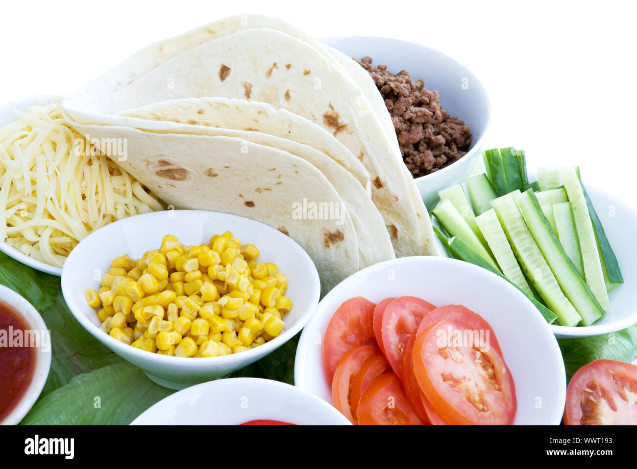 A layout of taco ingredients isolated on white Stock Photo - Alamy