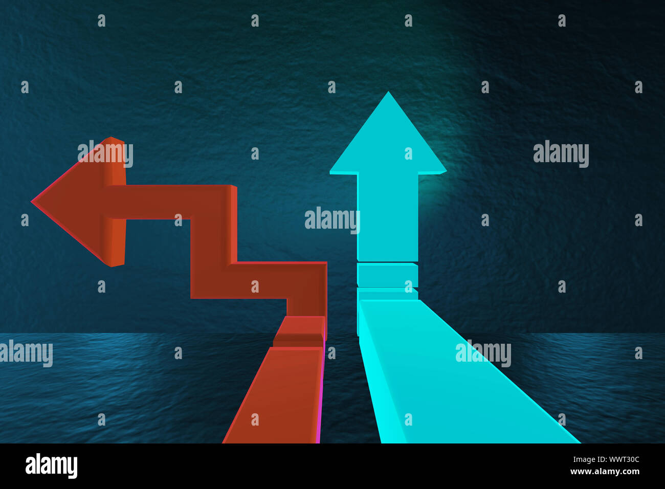 Road arrows at crossroads in difficult choice concept - 3d rende Stock ...