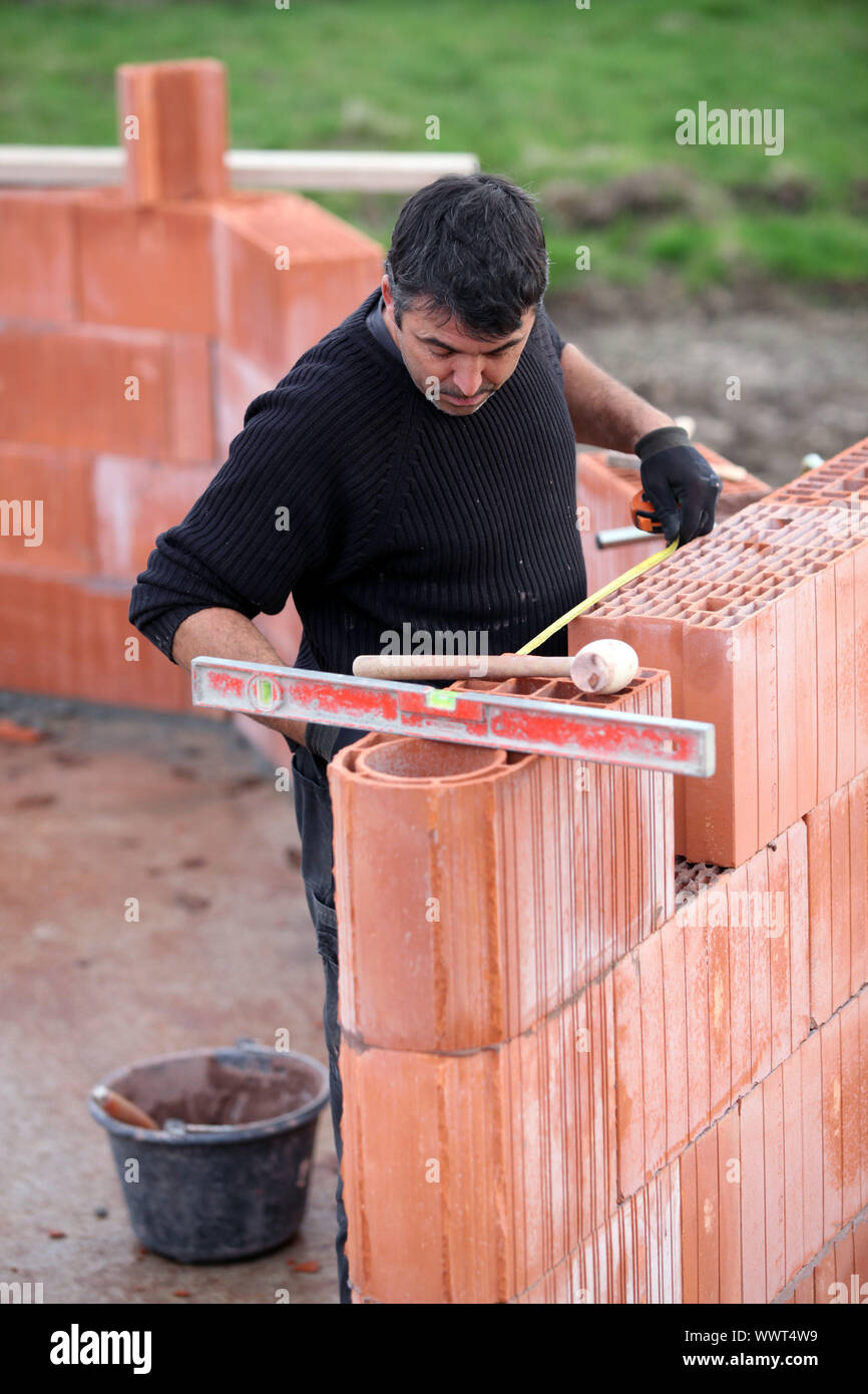 bricklayer erecting red brick wall Stock Photo - Alamy