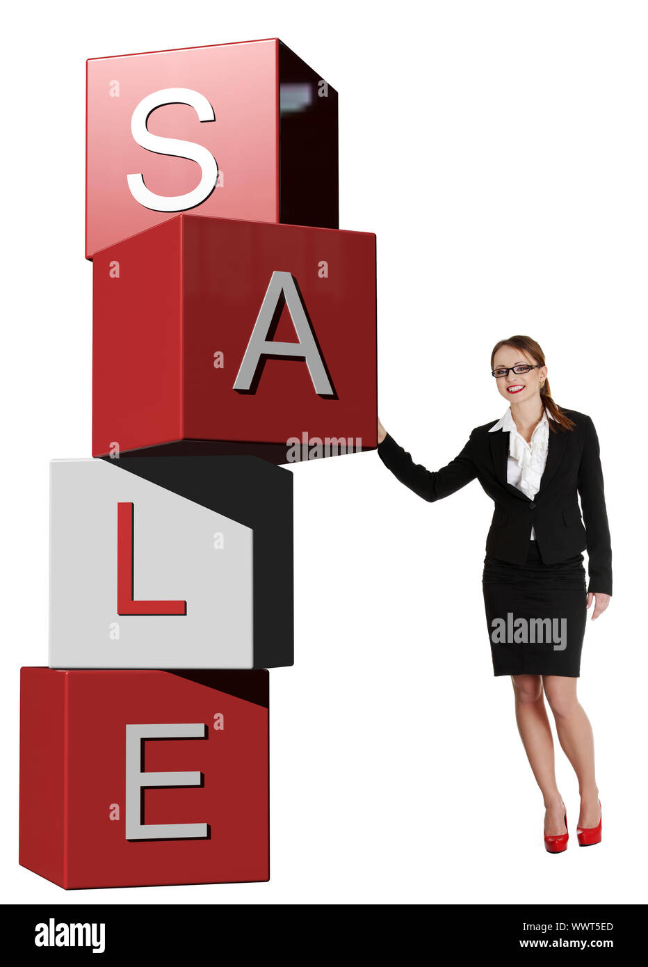 Sale time. Businesswoman with sale sign, isolated on white Stock Photo ...