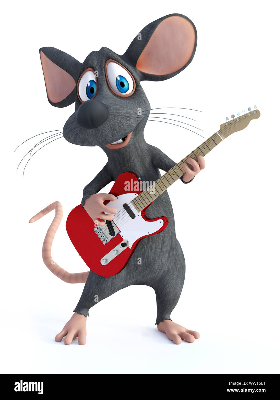 3D rendering of a cute smiling cartoon mouse playing an electric guitar ...