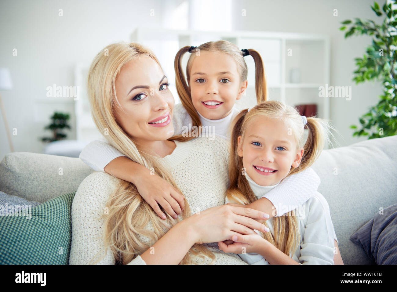Close-up portrait of three nice cute lovely lovable attractive winsome ...