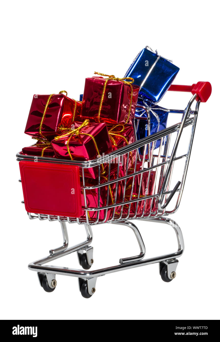 Shopping Cart with gift boxes isolated on white background Stock Photo ...