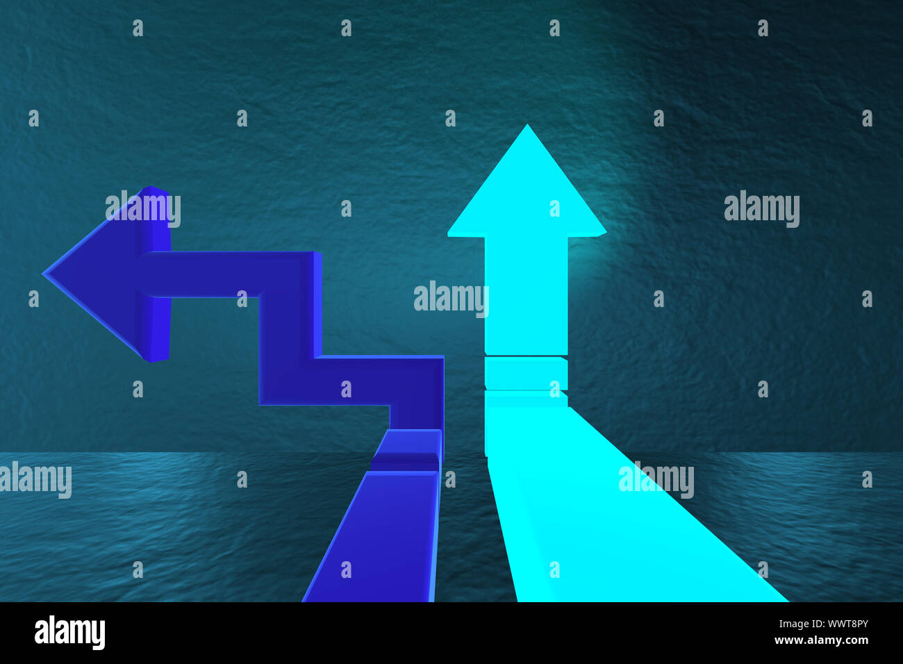 Road arrows at crossroads in difficult choice concept - 3d rende Stock ...