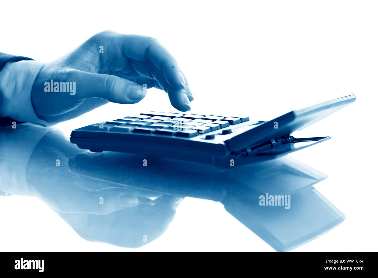 girl hand calculate on white background Stock Photo - Alamy