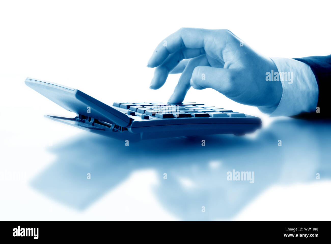 girl hand calculate on white background Stock Photo - Alamy