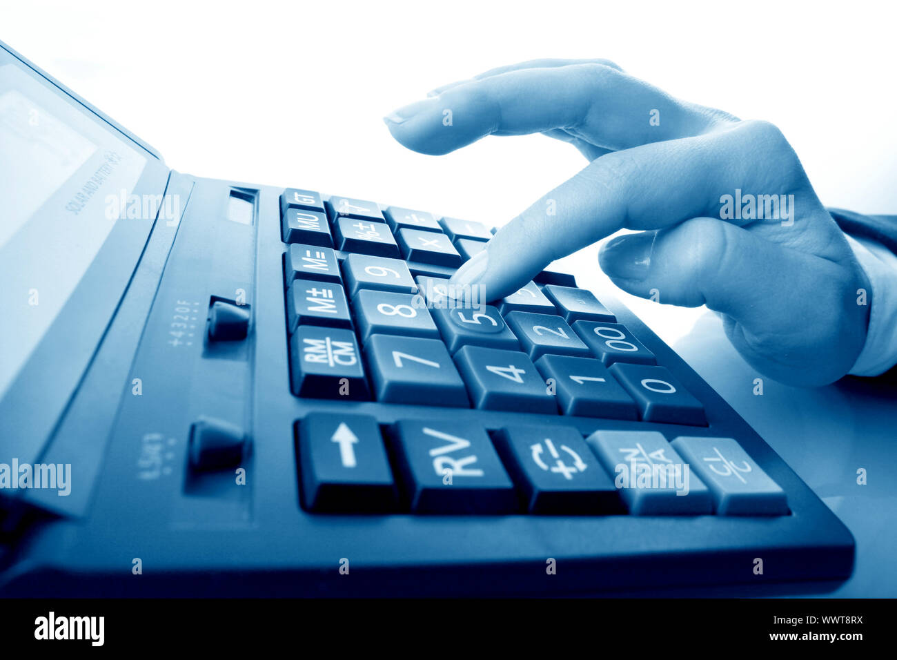 girl hand calculate on white background Stock Photo - Alamy