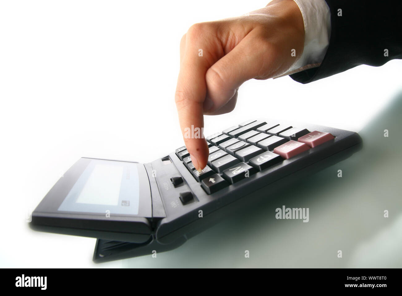 girl hand calculate on white background Stock Photo - Alamy