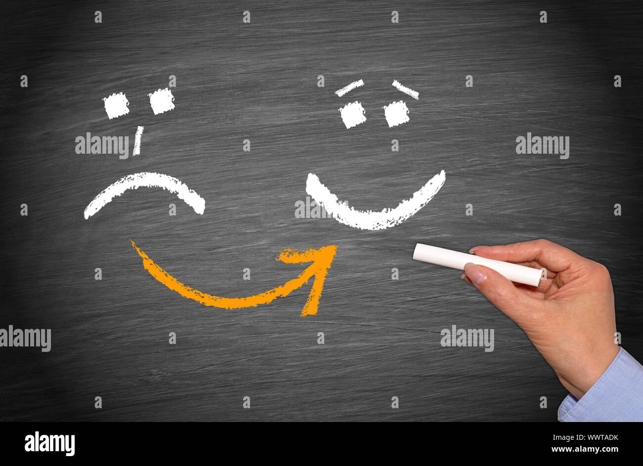 Unhappy and Happy Smiley - Motivation Concept Stock Photo - Alamy
