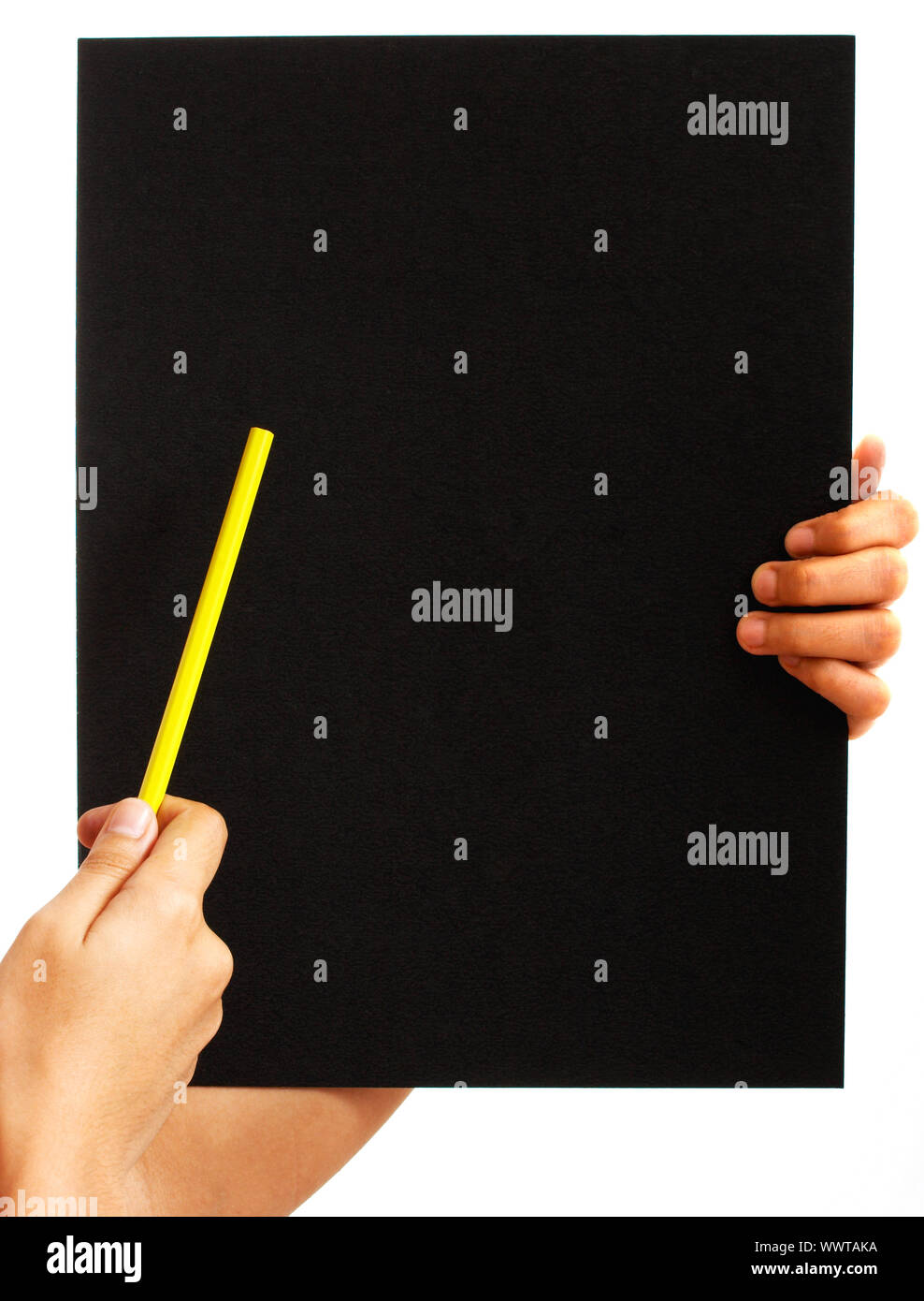 Hand With Pointer Pointing To A Black Blackboard Stock Photo - Alamy