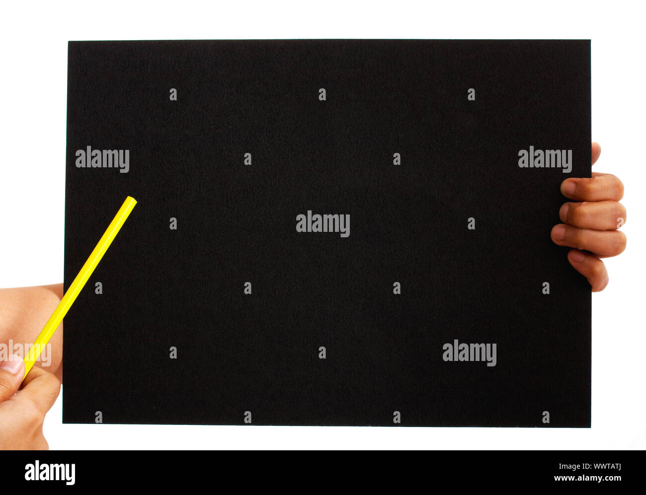 Hand And Pointer Pointing To A Blank Black Board Stock Photo - Alamy