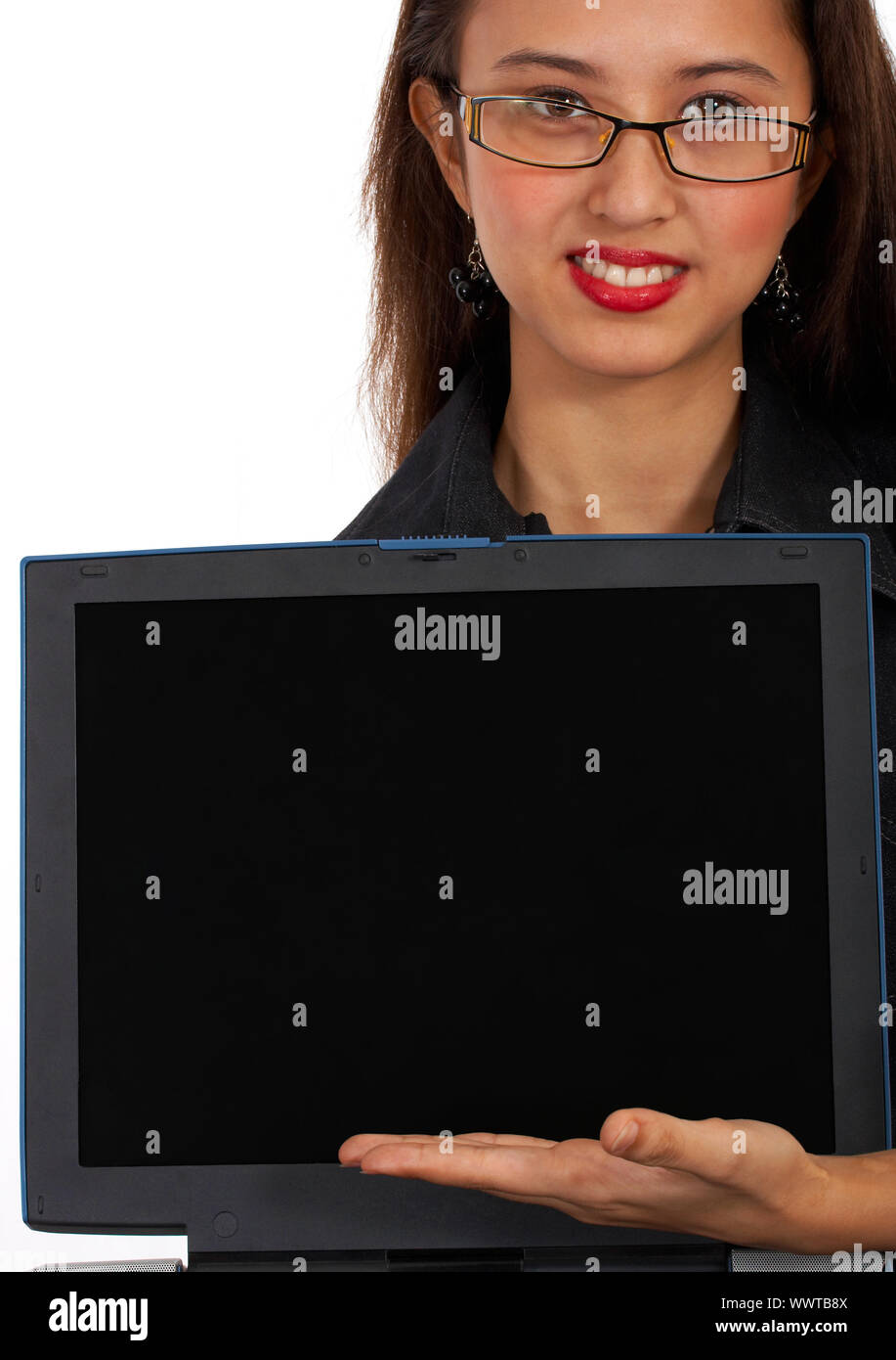 Girl Showing Message On Notebook Computer Screen Stock Photo - Alamy