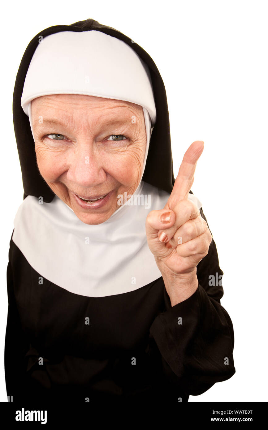 Funny Nun with Happy Expression on her Face Pointing a Finger Stock ...