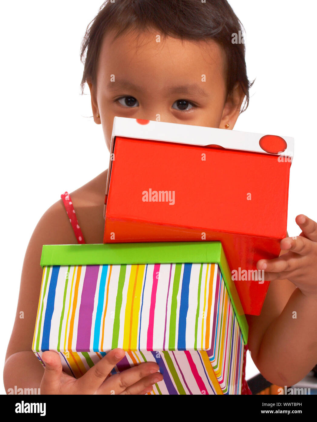 Happy Girl Receiving Lots Of Gifts On Her Birthday Stock Photo - Alamy
