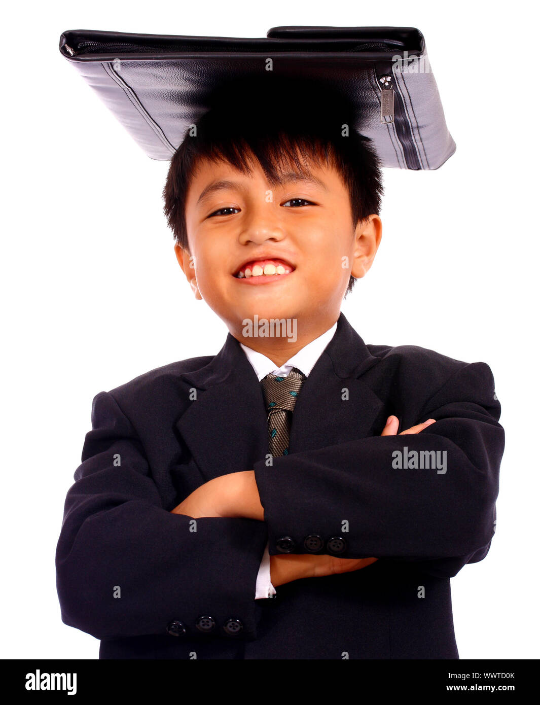 Happy School Boy On His Way To School With His Folder On His Head Stock ...