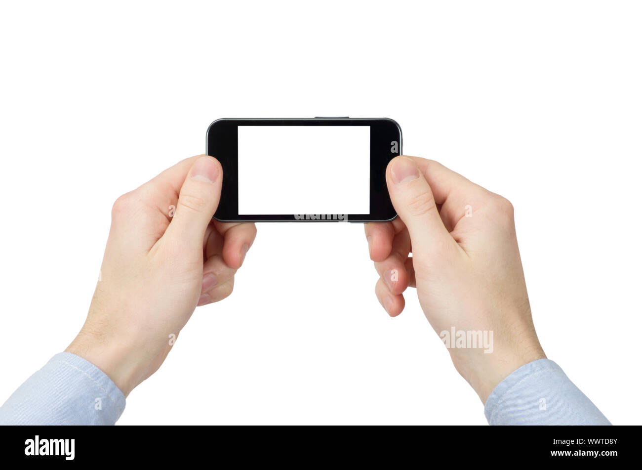 Hands holding mobile isolated on white Stock Photo - Alamy