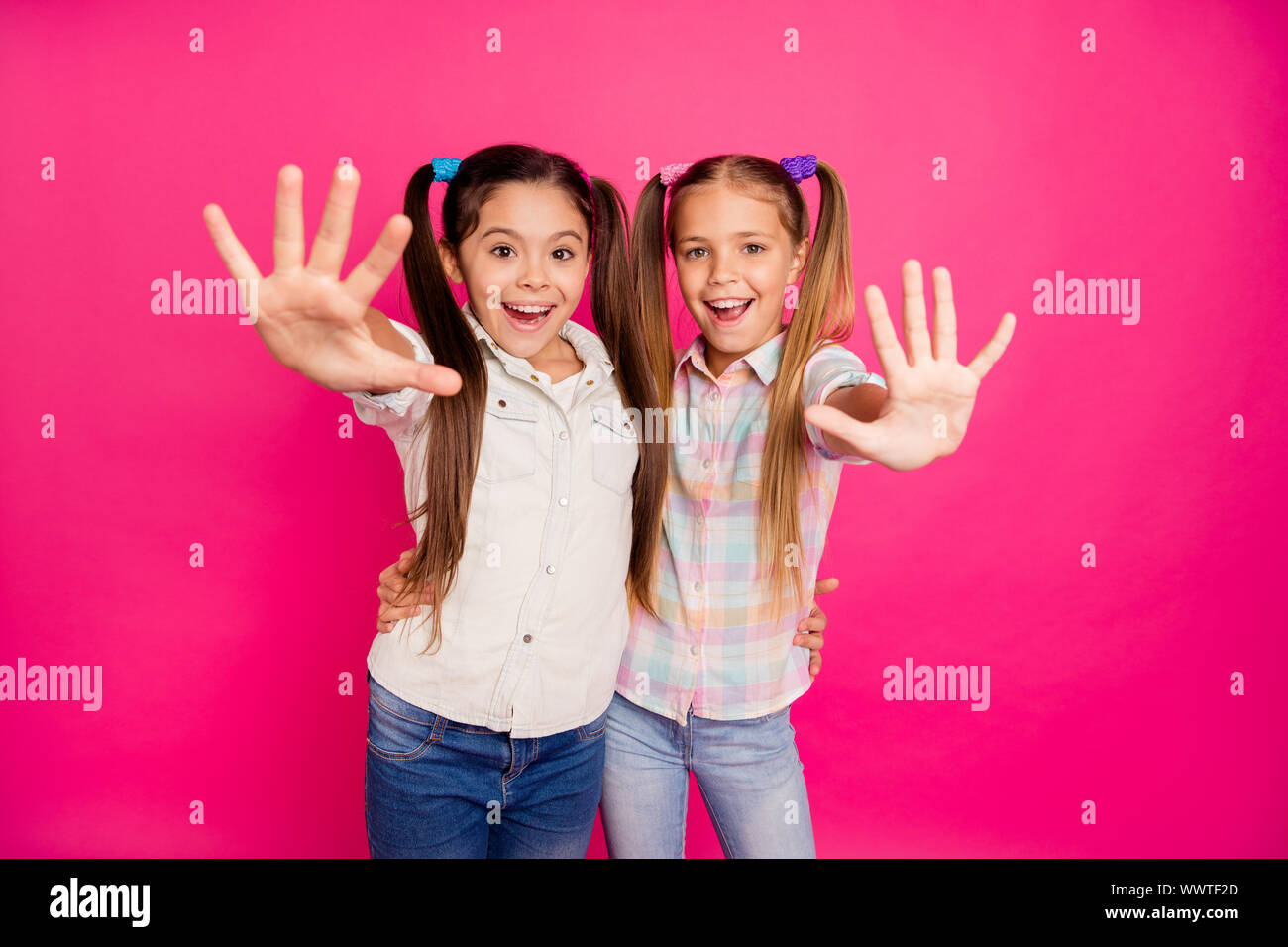 Close up photo two small little age she her girls hands arms palms ...
