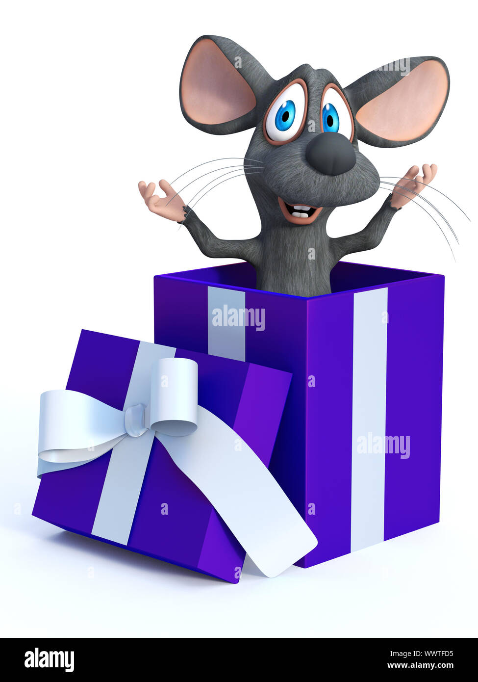 3D rendering of a cute smiling cartoon mouse popping out of a gift box ...
