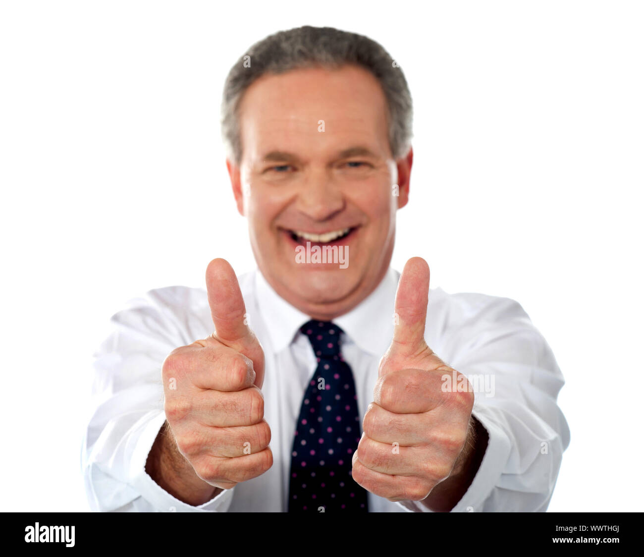 Happy businessman gesturing double thumbs-up. Isolated over white Stock ...