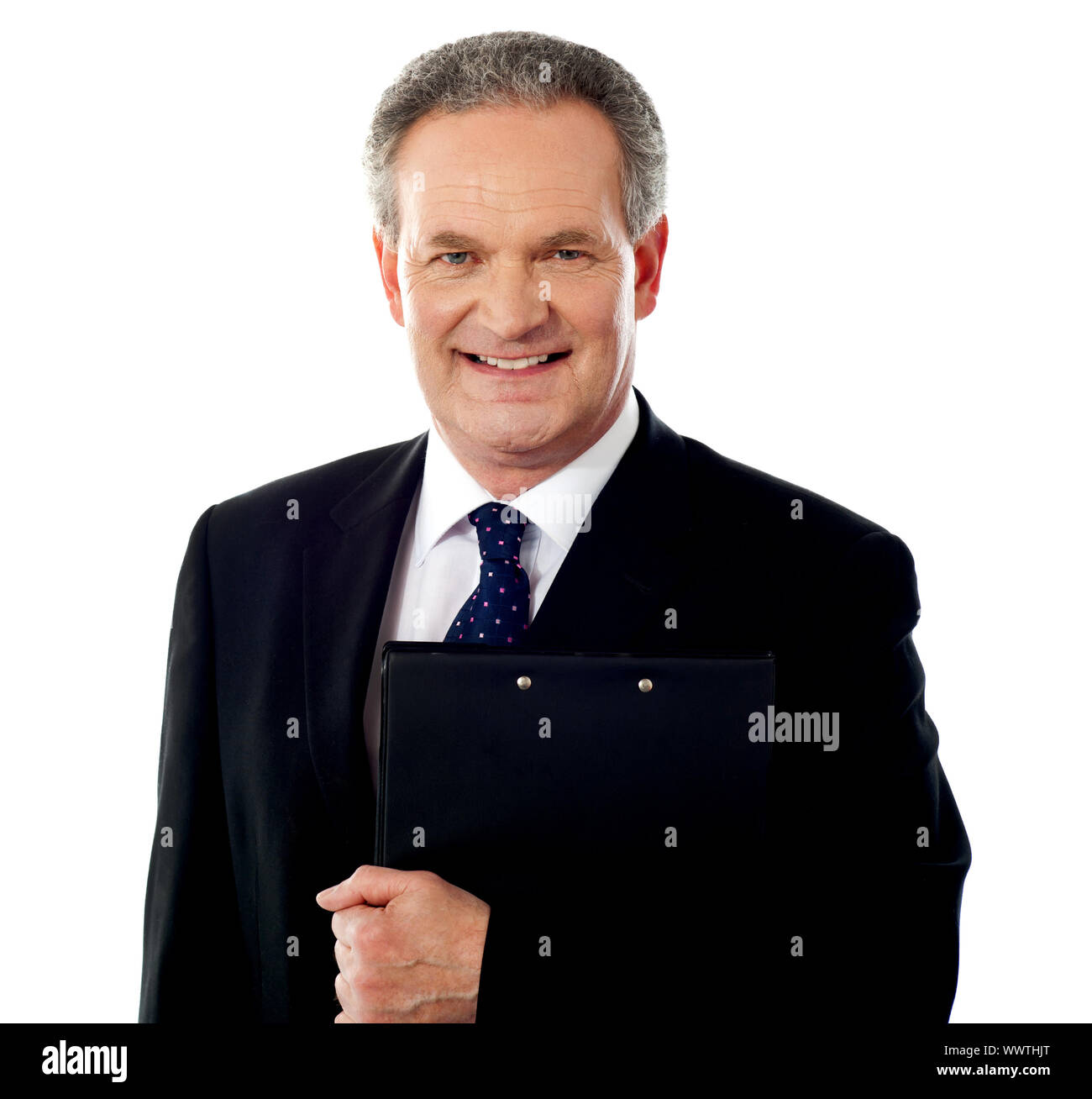 Smiling business person with document file isolated against white ...