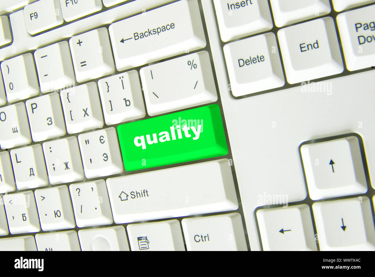 A keyboard with green button of quality Stock Photo - Alamy
