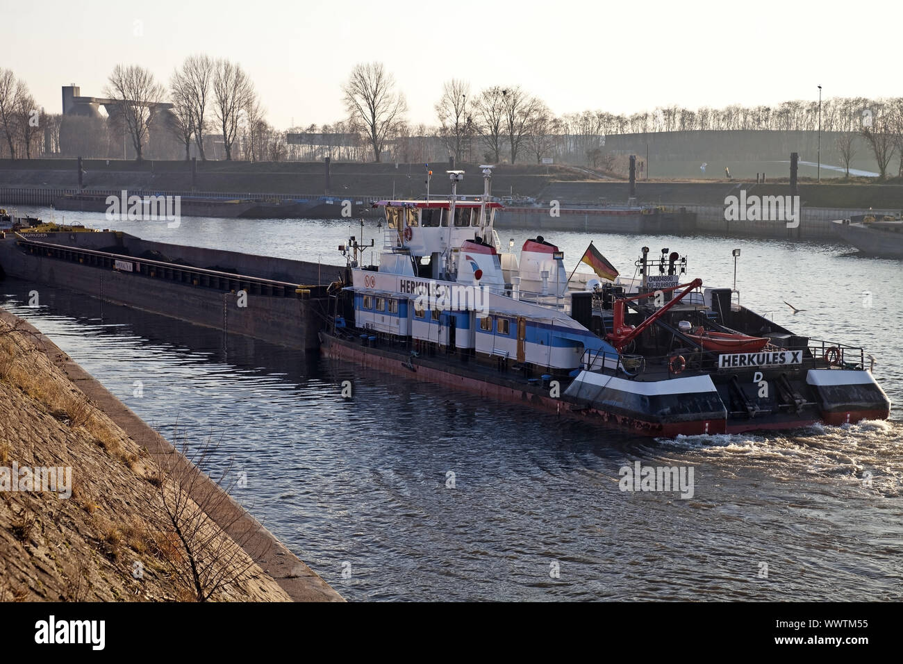 Hercules X, thrust boat of Hercules fleet in the port of Duisburg, Ruhr ...