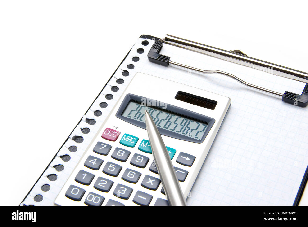 calculator and pen on a white background Stock Photo - Alamy
