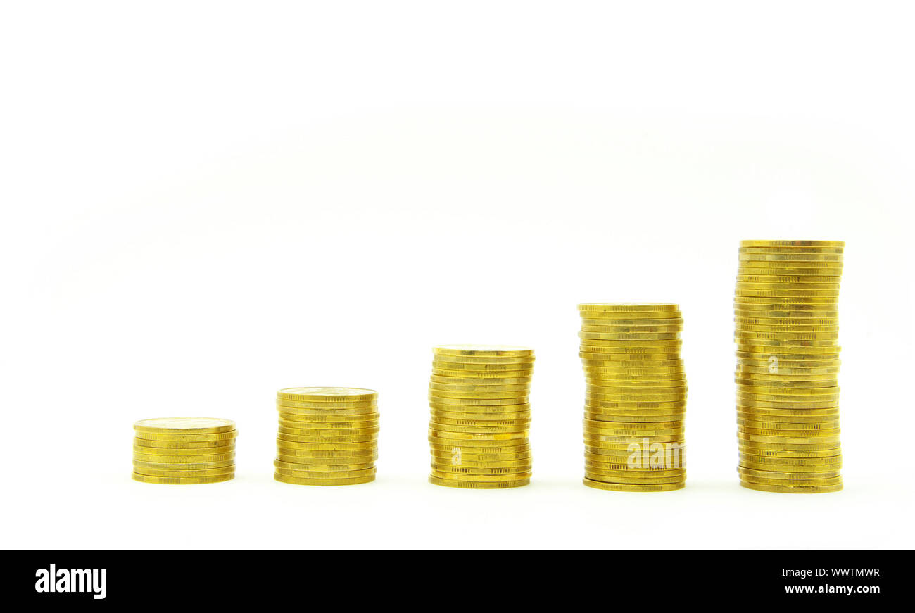 three towers of coins isolated on a whiteness Stock Photo - Alamy