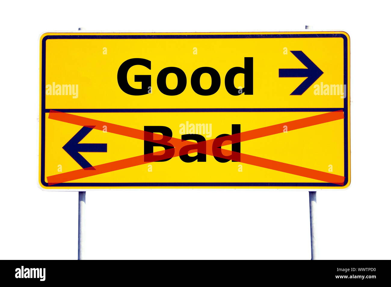 good and bad choice concept with yellow road sign Stock Photo - Alamy