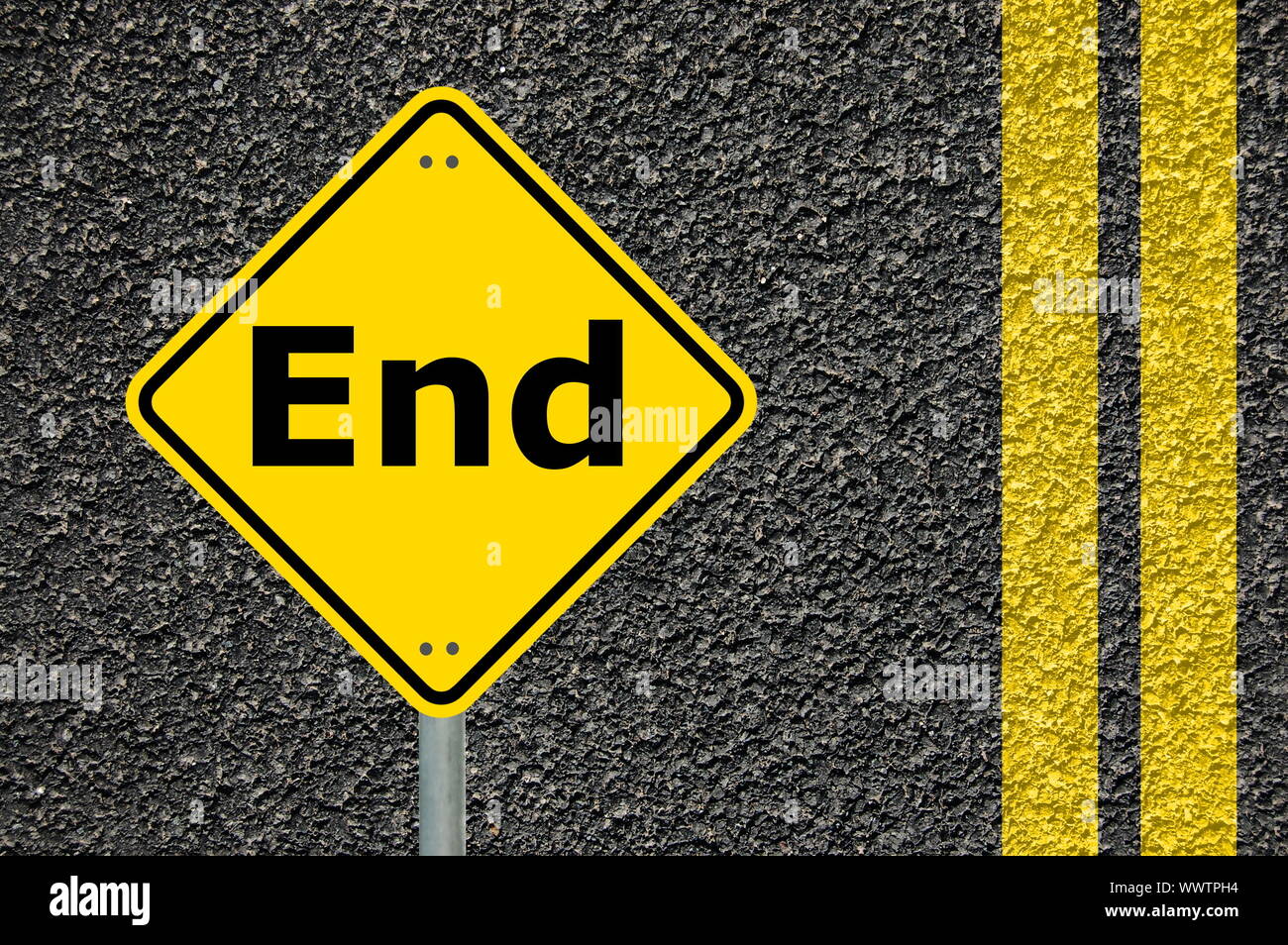 the end concept with warning roadsign in yellow Stock Photo - Alamy