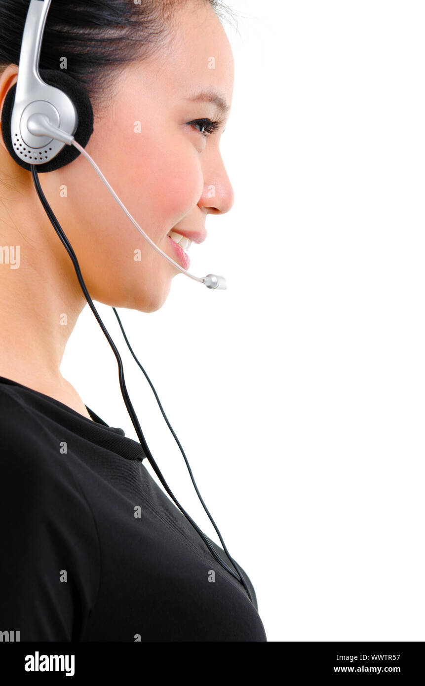 Side view of friendly customer representative isolated on white ...