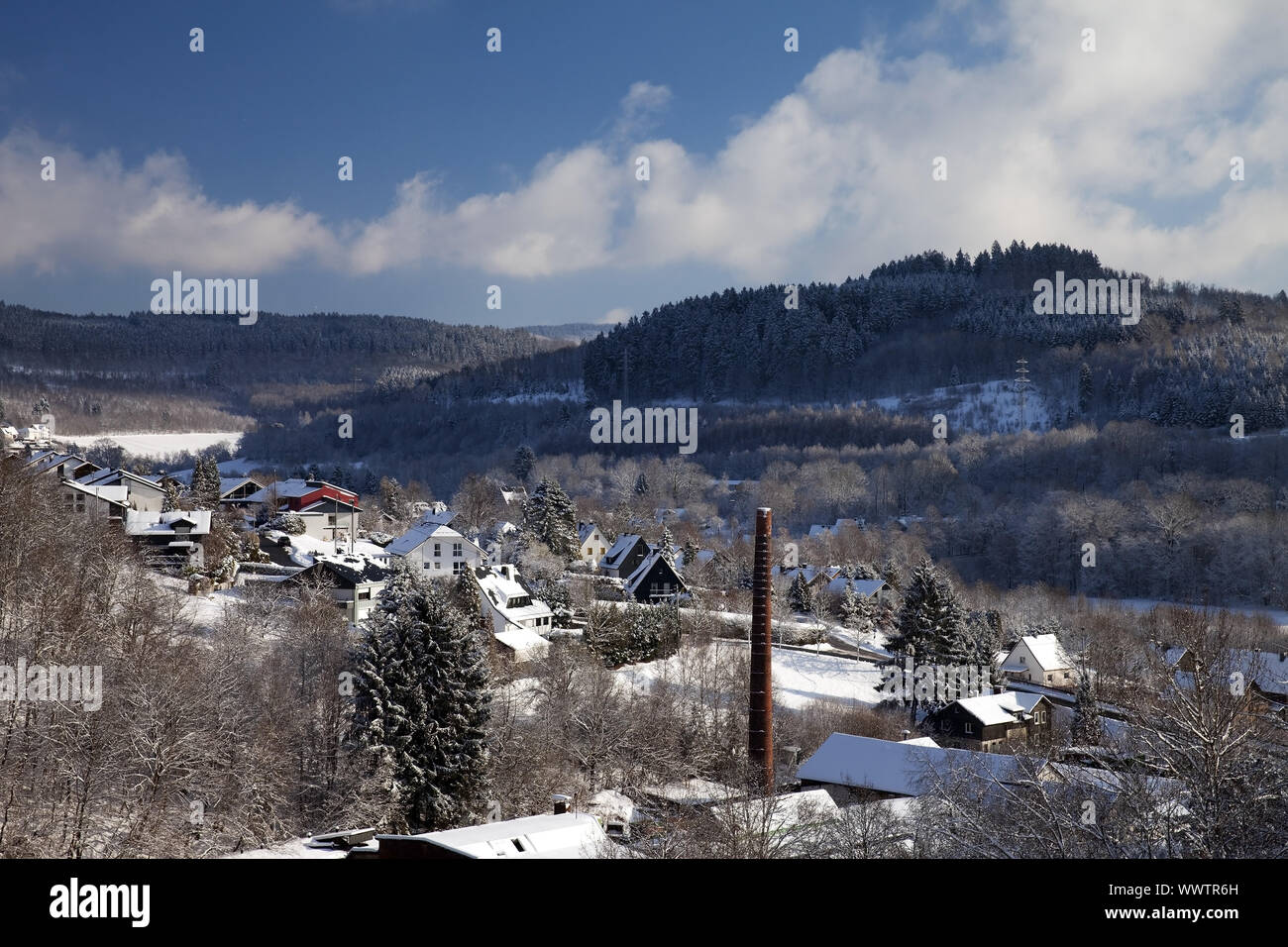 forest landscape in winter, Hilchenbach, Siegerland, North Rhine ...
