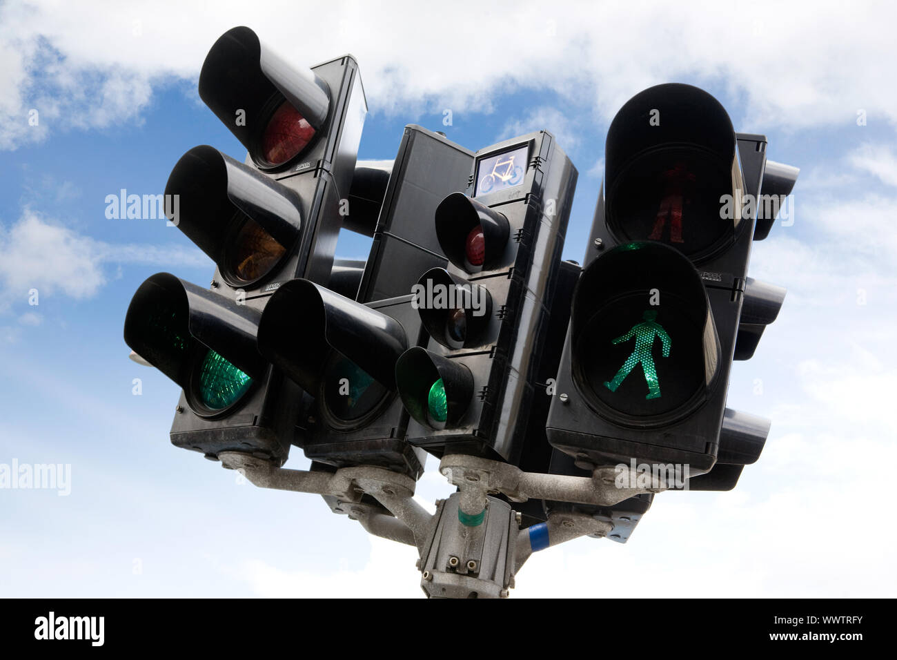 A bike, car and pedestrian traffic light in copenhagen, Denmark Stock ...