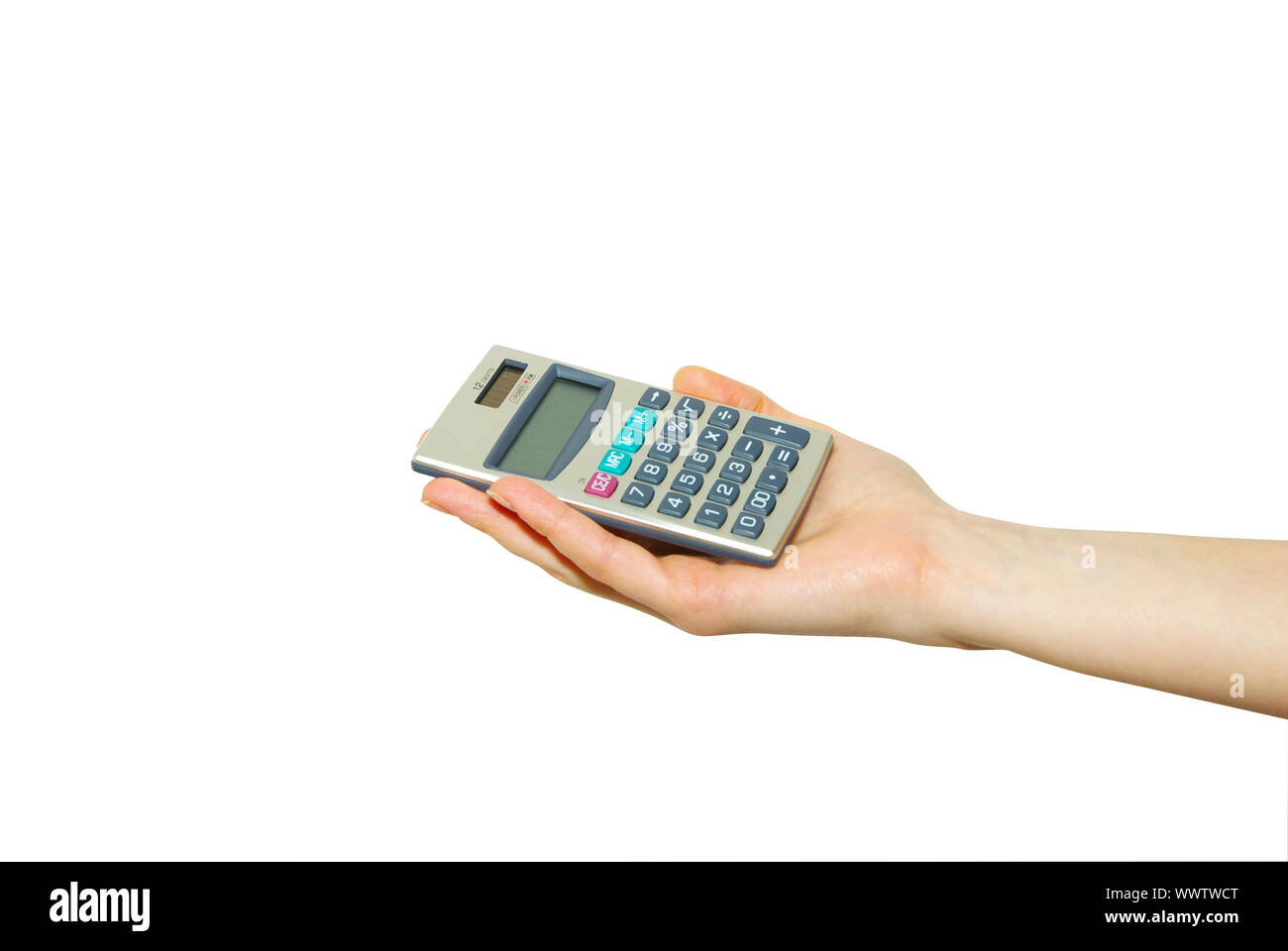 a hand holding calculator isolated on white Stock Photo - Alamy