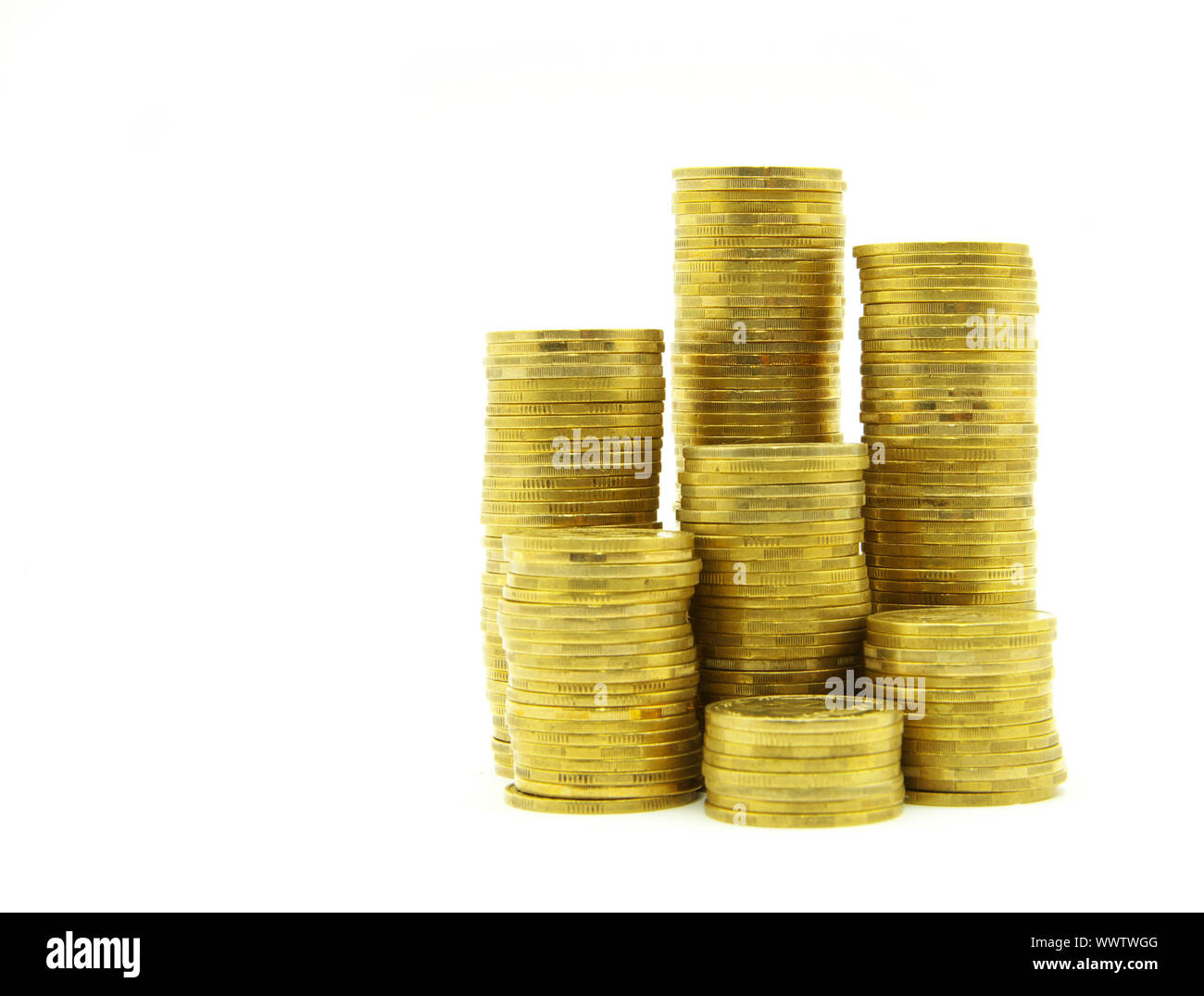 towers of coins isolated on a whiteness Stock Photo - Alamy