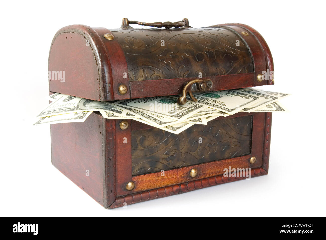 old box with money inside on white Stock Photo - Alamy