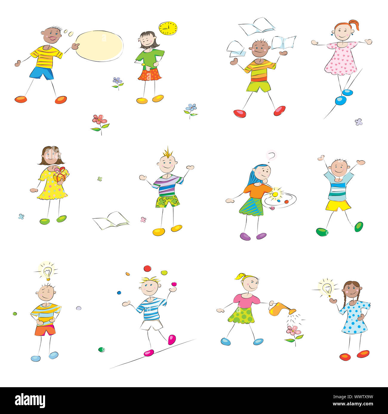 happy learning school kids doodles collection isolated on white ...