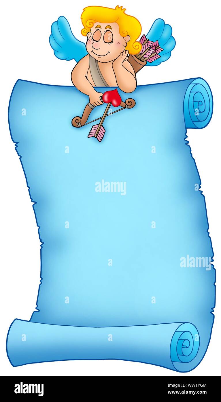 Blue parchment with Cupid 4 - color illustration Stock Photo - Alamy