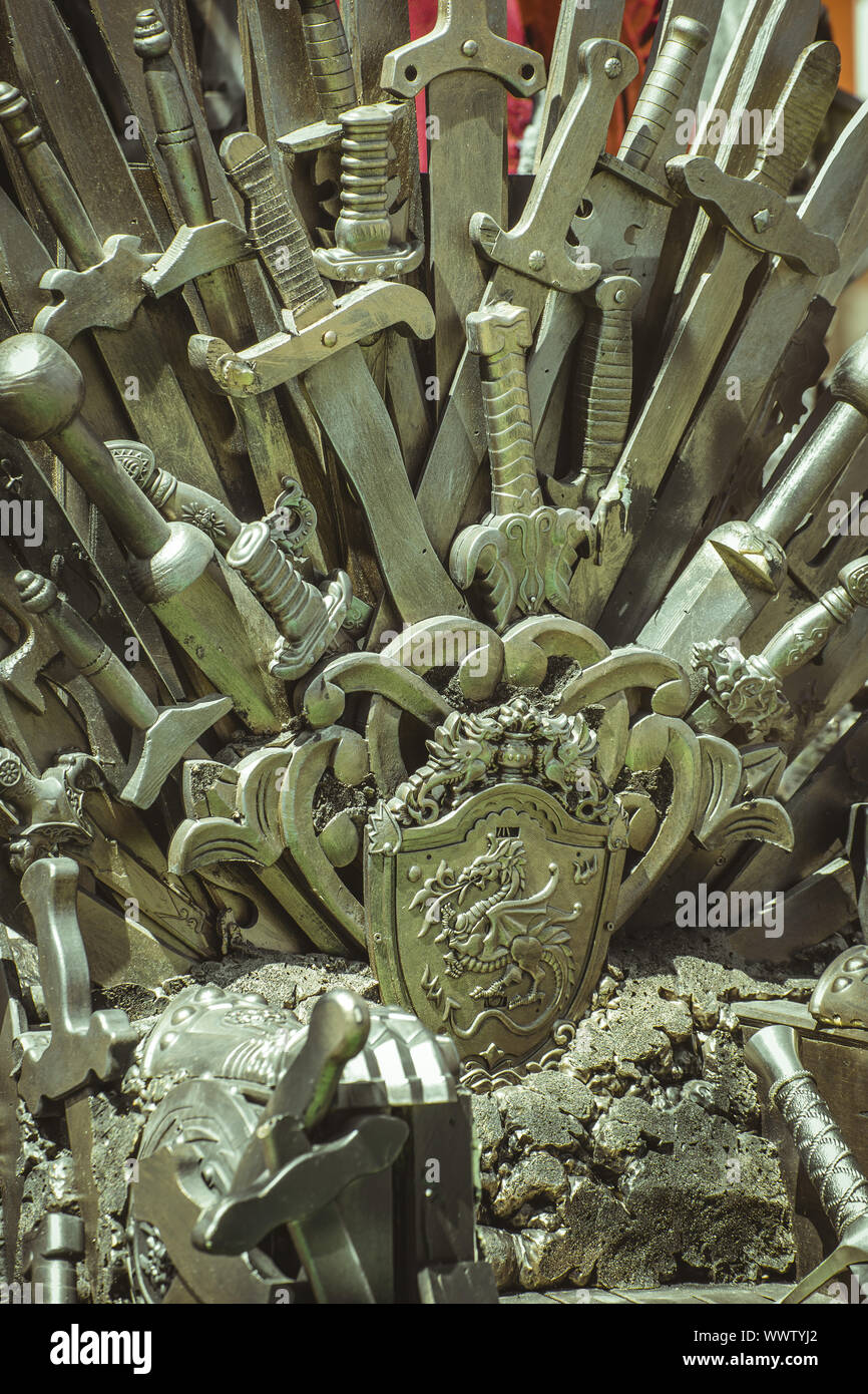 Iron throne made with swords, fantasy scene or stage. Recreation of a ...