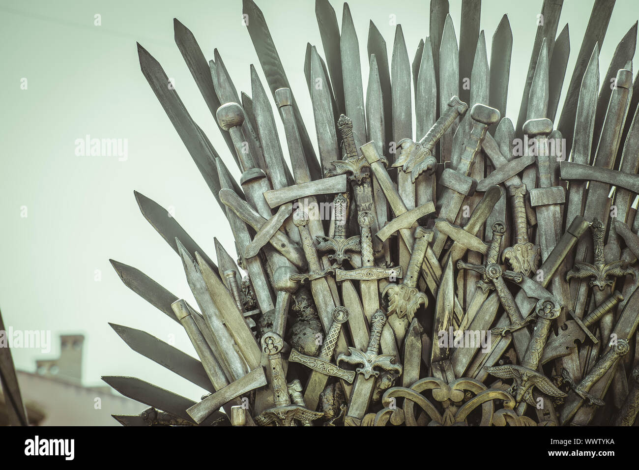Iron throne made with swords, fantasy scene or stage. Recreation of a ...