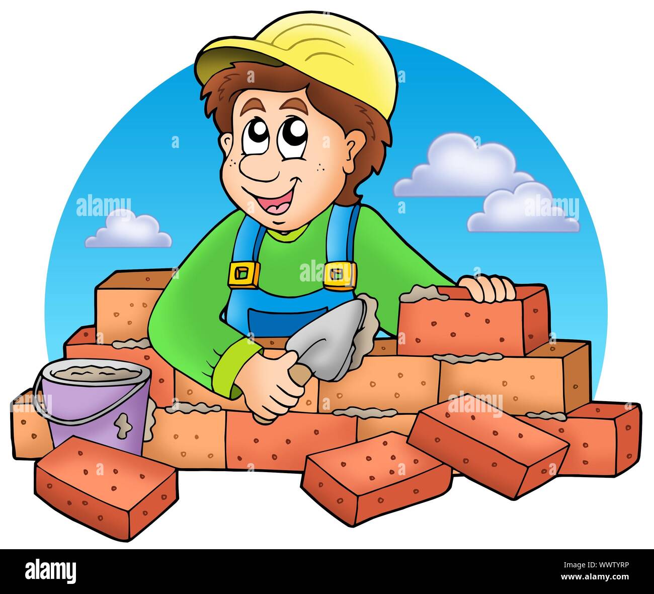 Cartoon bricklayer with clouds - color illustration Stock Photo - Alamy