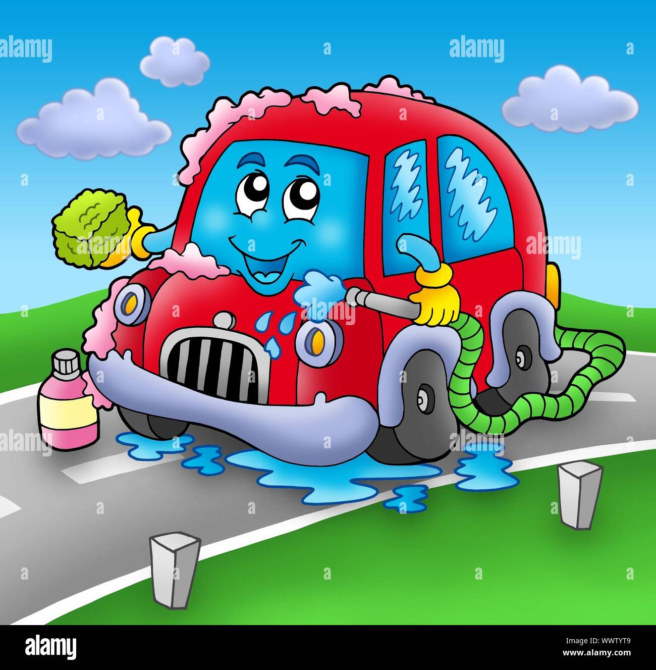 Cartoon car wash on road - color illustration Stock Photo - Alamy