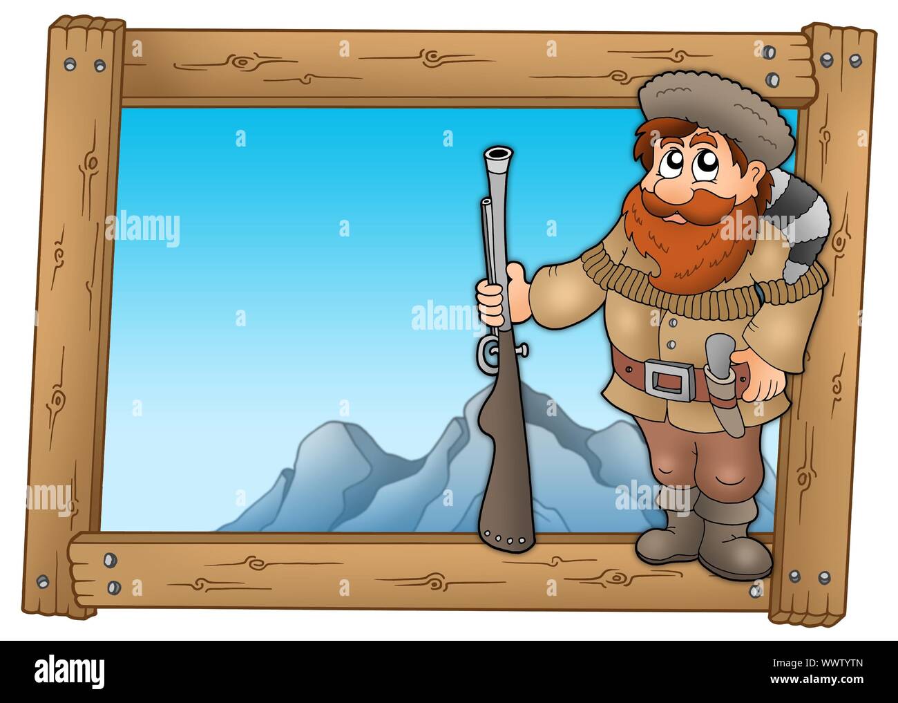 Cartoon trapper in wooden frame - color illustration Stock Photo - Alamy