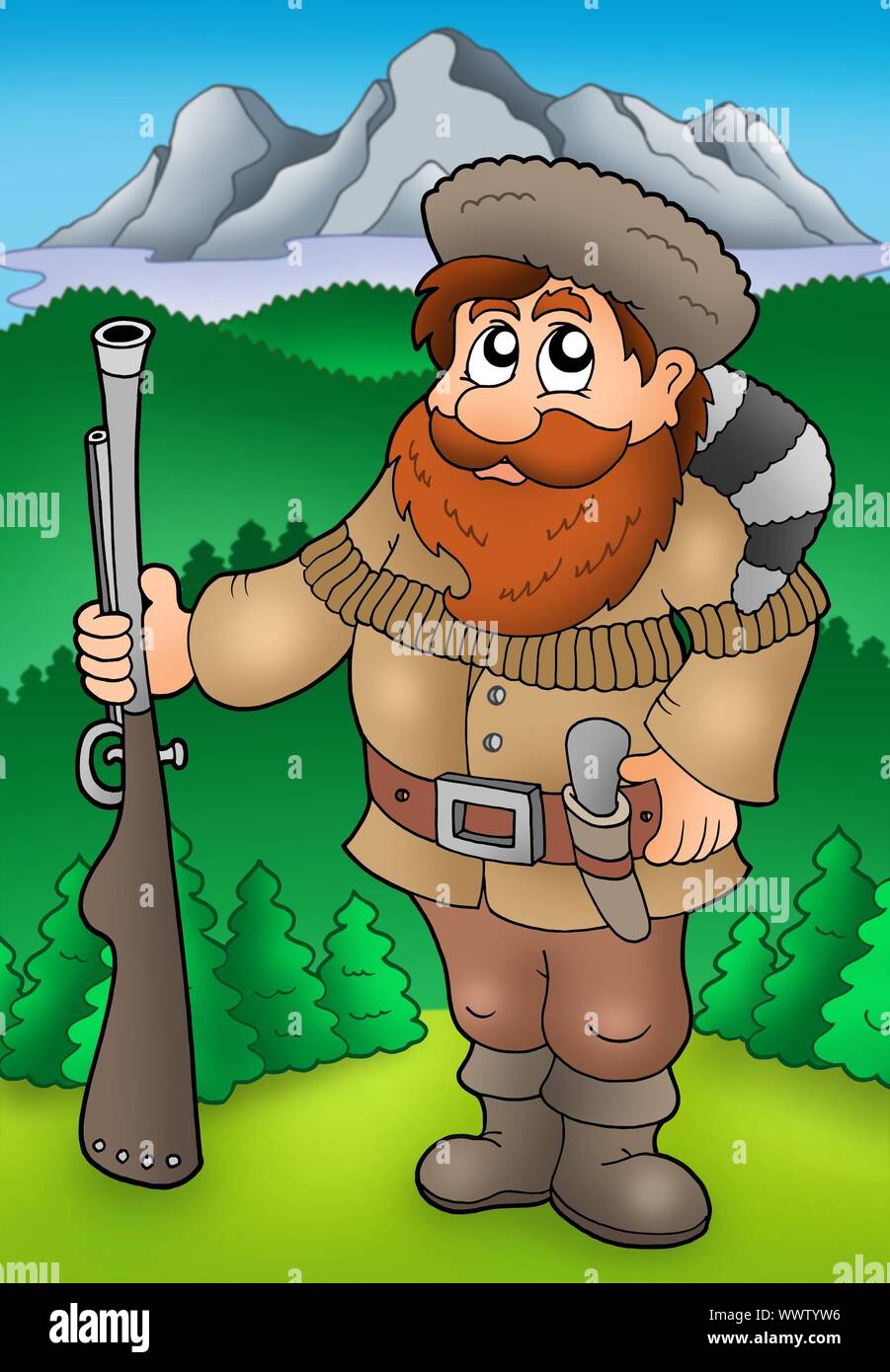 Cartoon trapper with mountains - color illustration Stock Photo - Alamy