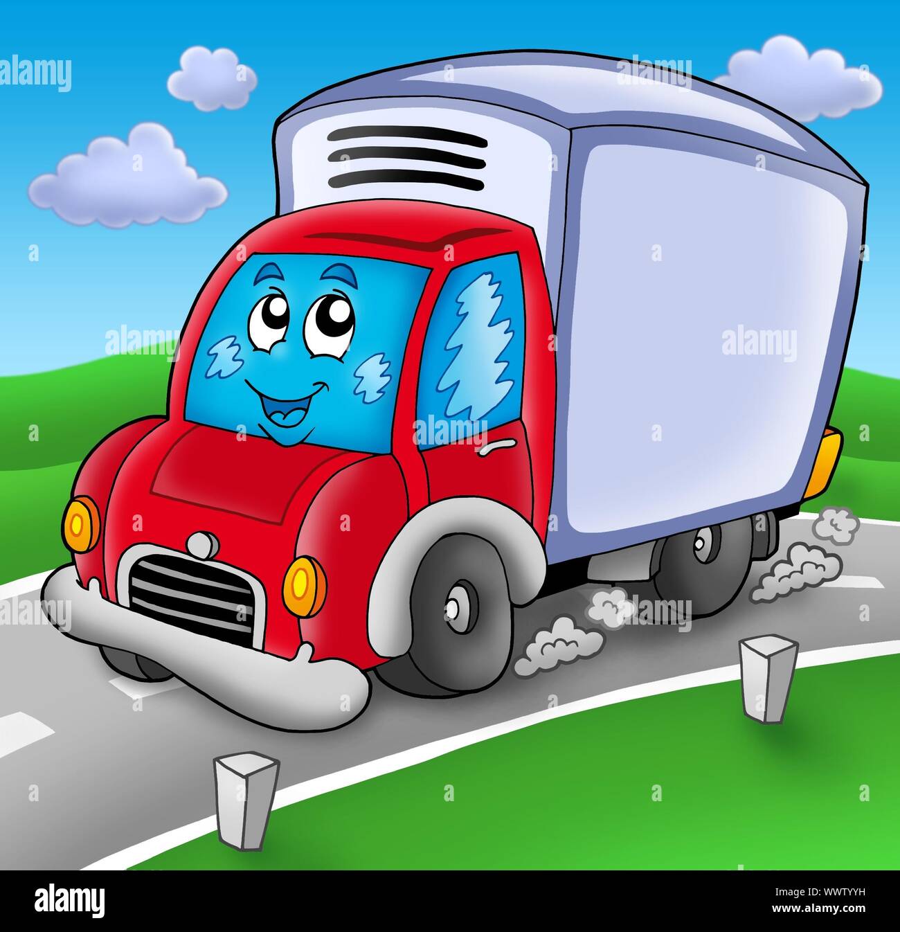 Cute delivery car on road - color illustration Stock Photo - Alamy