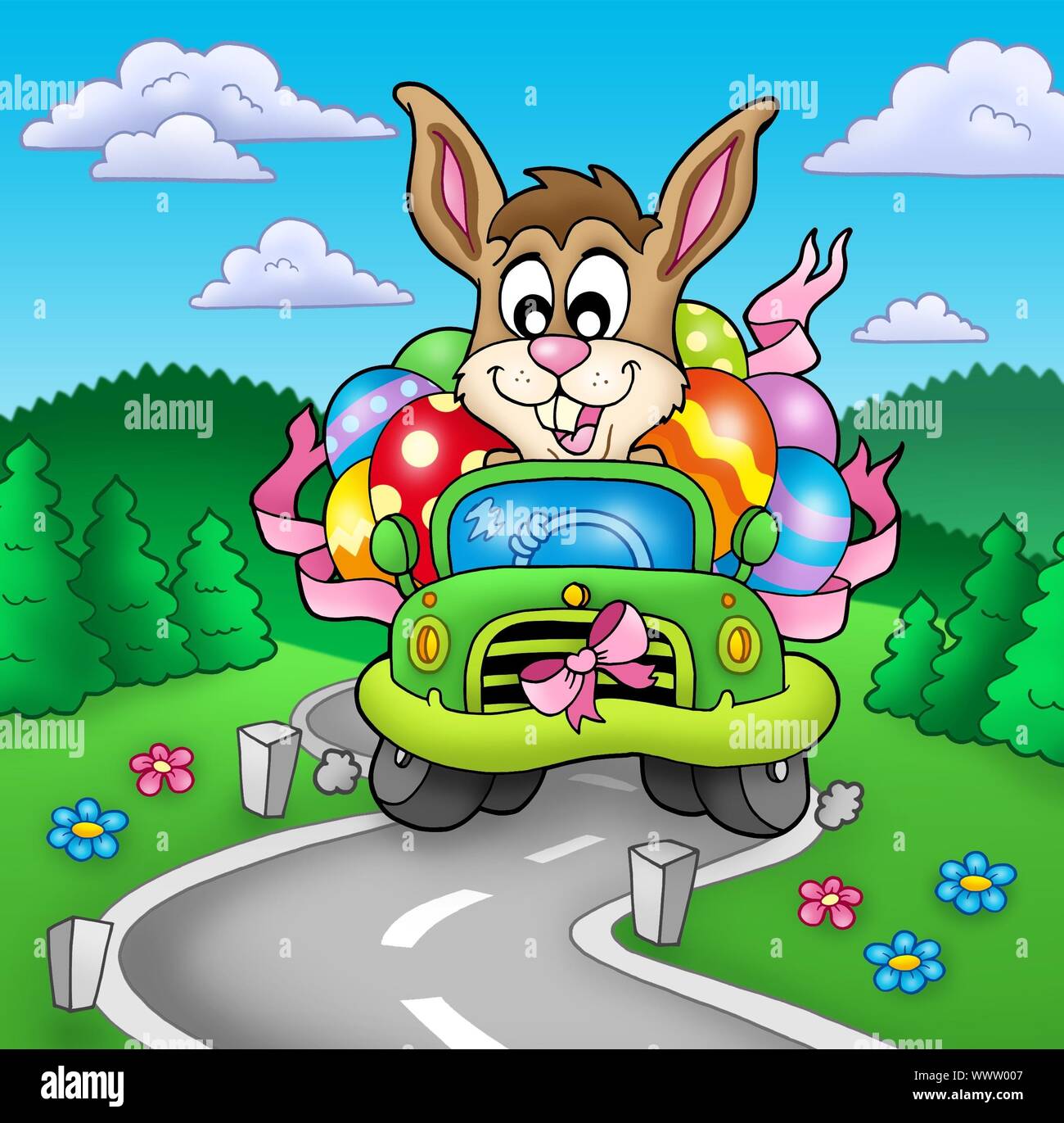 Easter bunny driving car on road - color illustration Stock Photo - Alamy